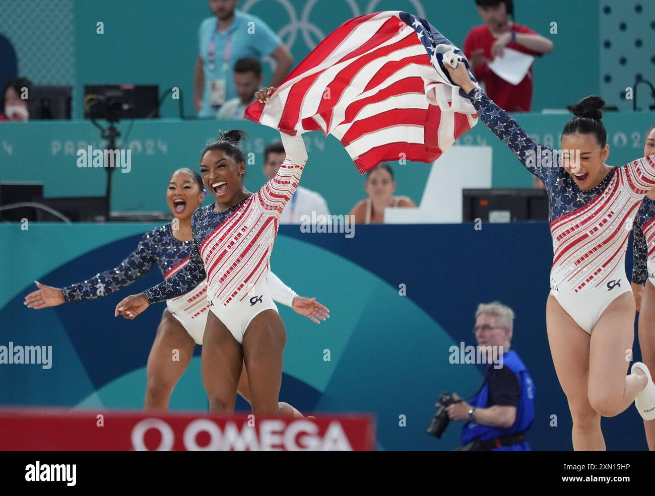 Paris, France. 30th July, 2024. Members of Team USA celebrate after ...