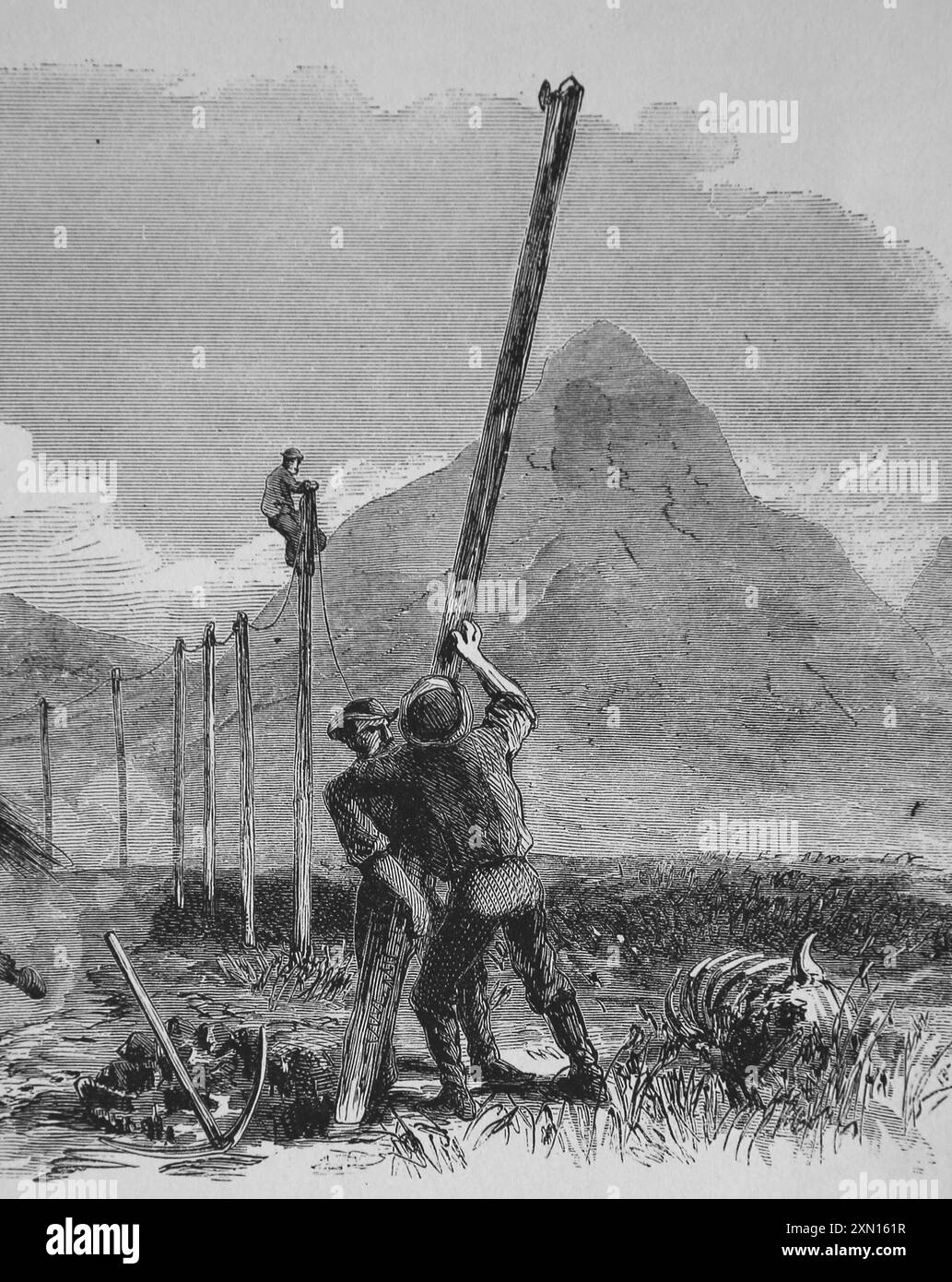 Construction of the transcontinental telegrpah. Ilustration of 1867 ...