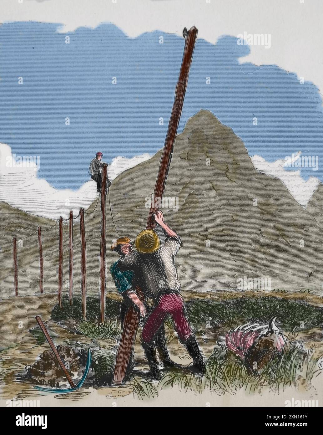 Construction of the transcontinental telegrpah. Ilustration of 1867 ...