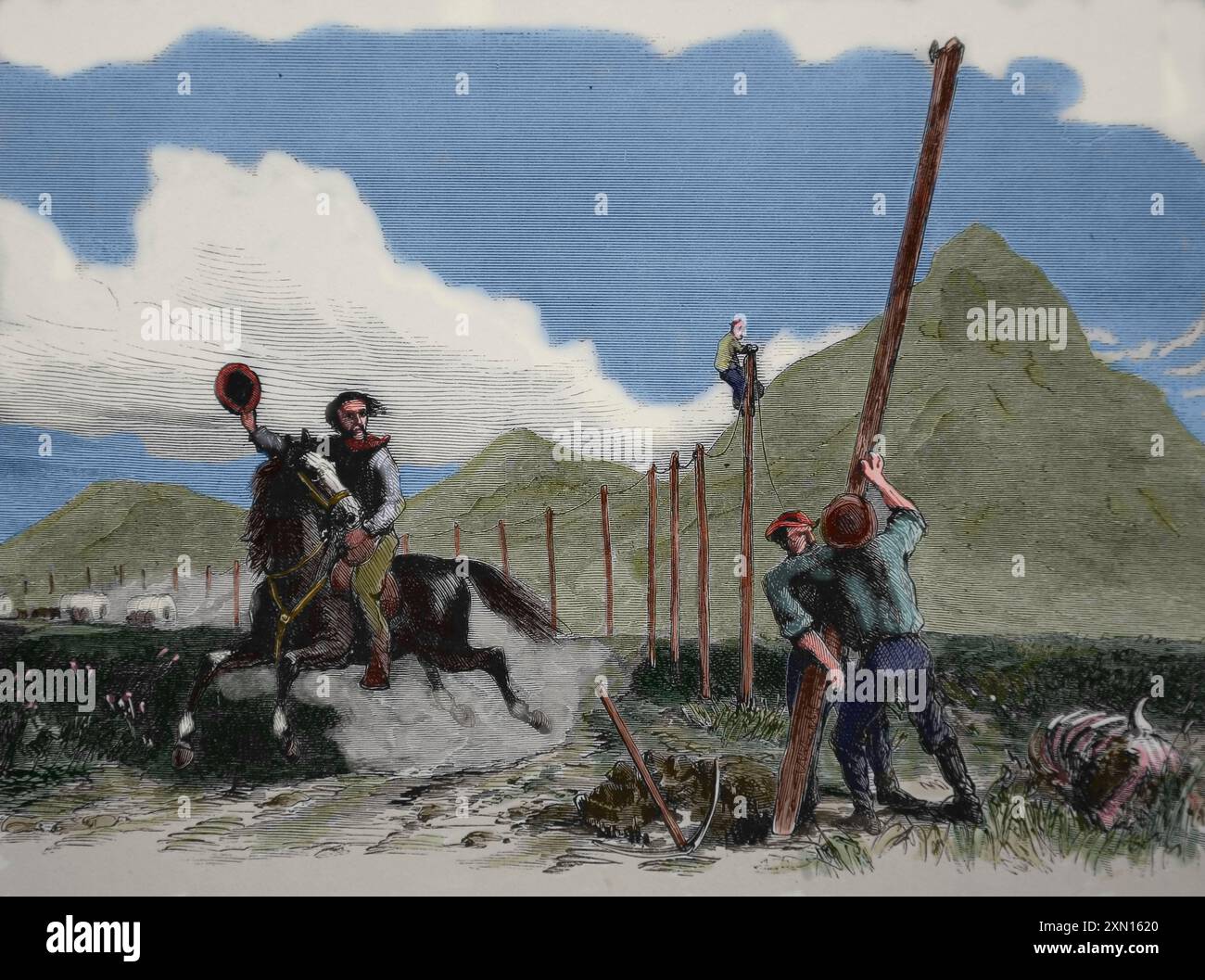 Construction of the transcontinental telegrpah. Ilustration of 1867 ...