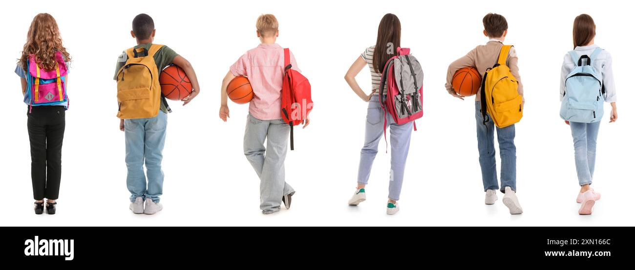 Set of school children with backpacks on white background, back view ...