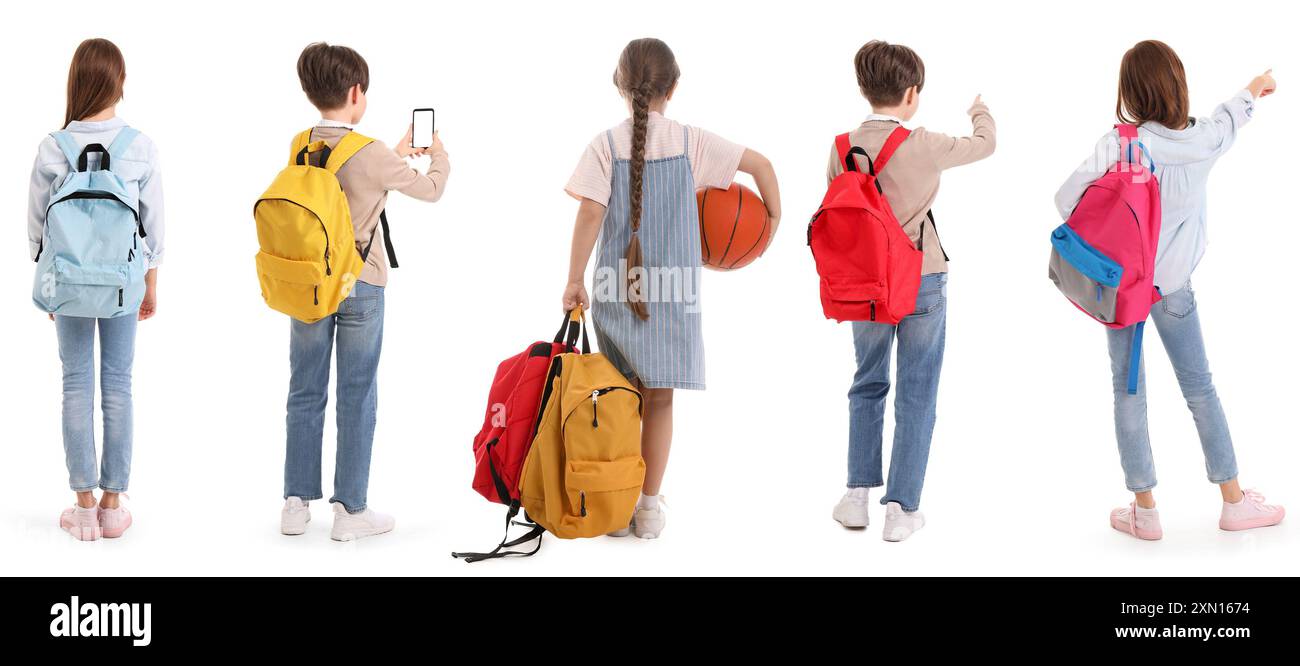 Set of school children with backpacks on white background, back view ...