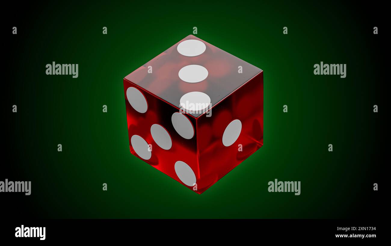 3d render of translucent red die with white pips sits on a green ...