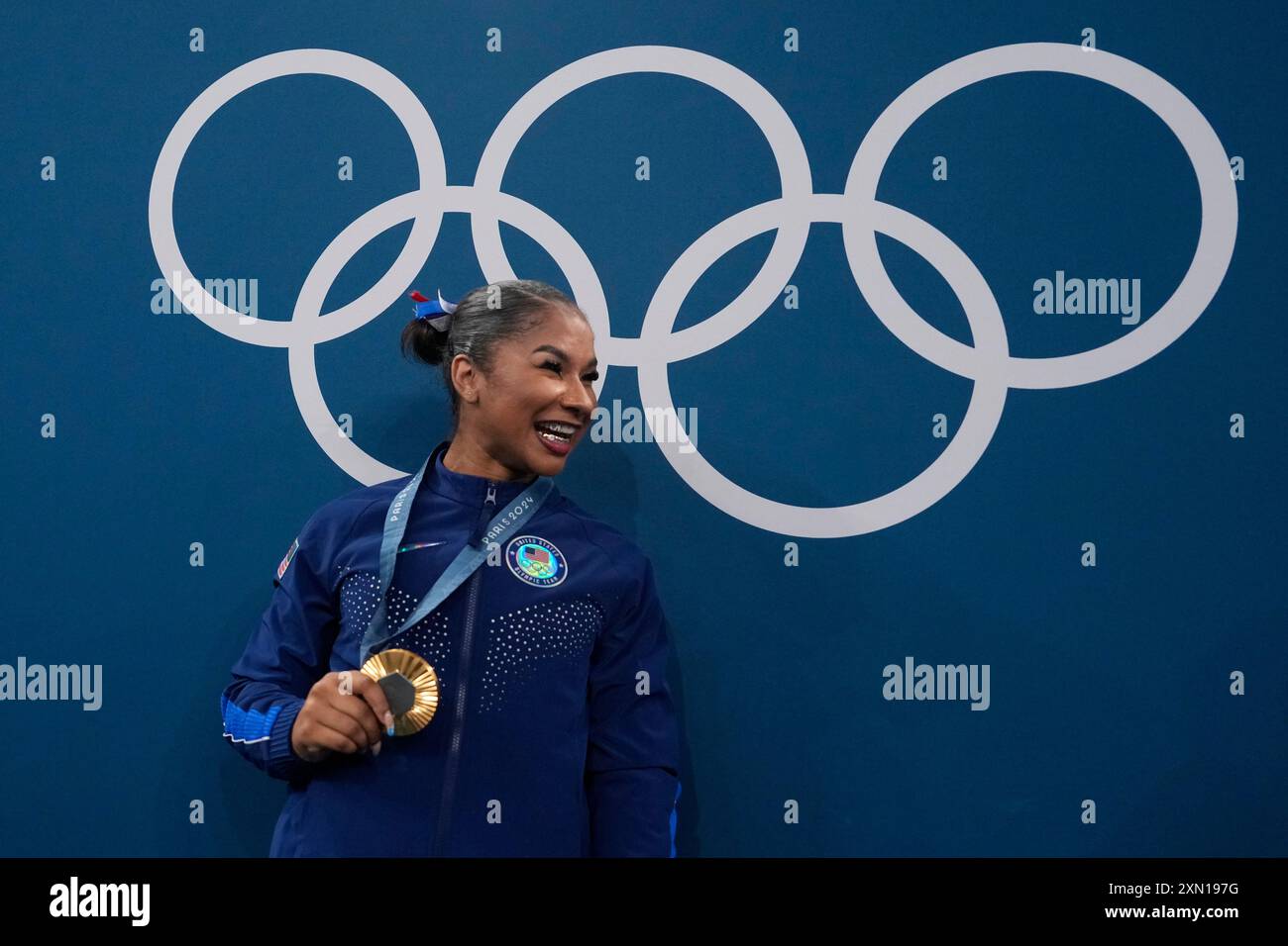 Jordan Chiles, of the United States, celebrates after winning the gold ...