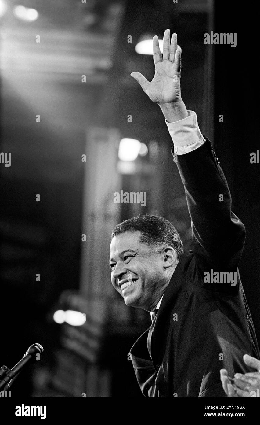 Massachusetts Senator Edward Brooke waves to the crowd at the 1968 ...