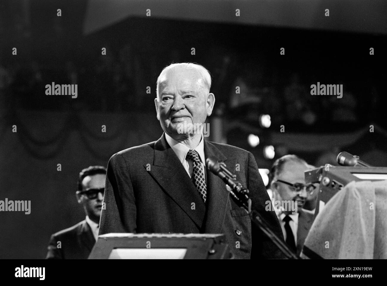 Former U.S. President Herbert Hoover speaking at rostrum during ...