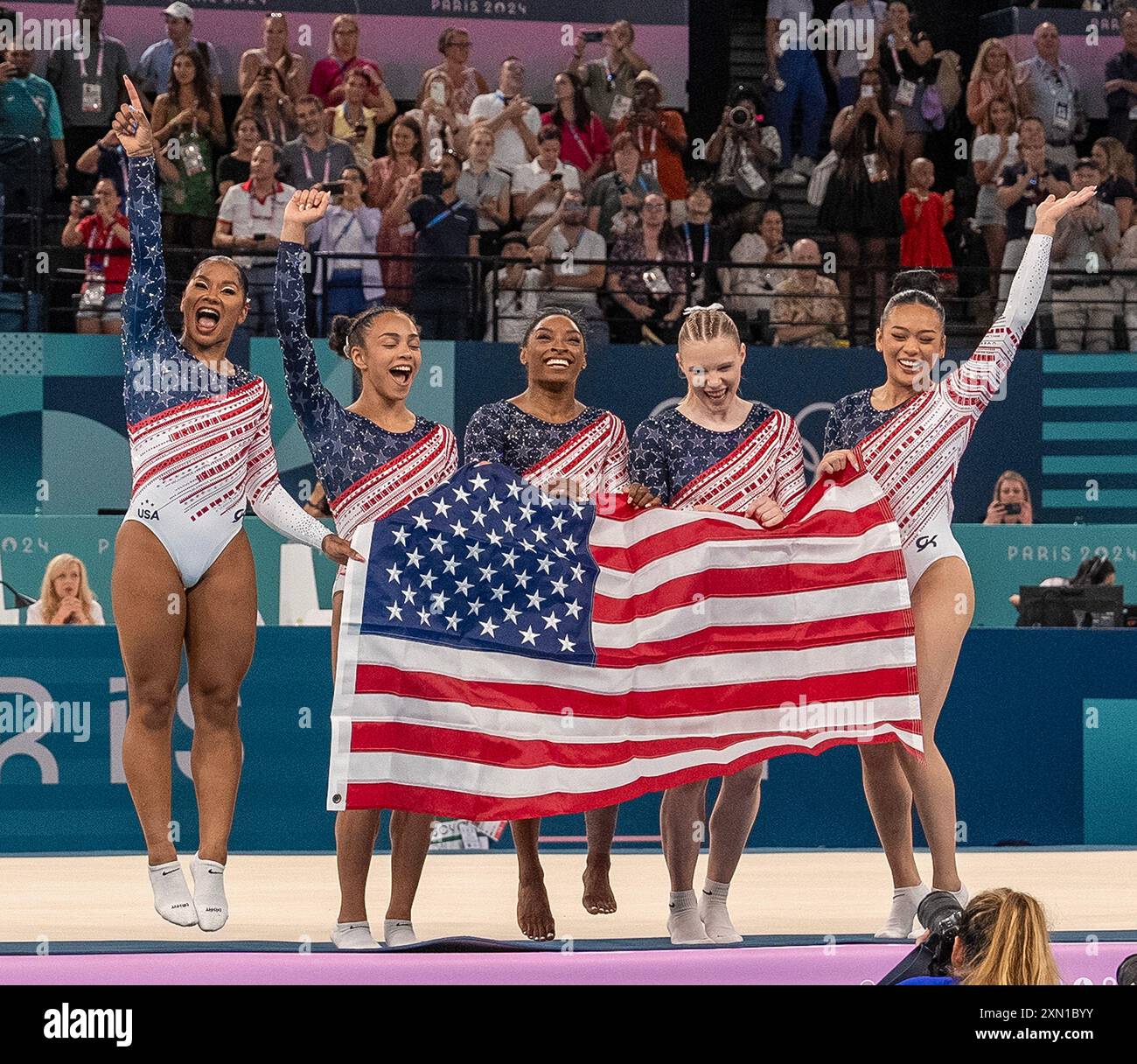 Paris, France. 30th July, 2024. The USA Gymnastics team celebrates ...