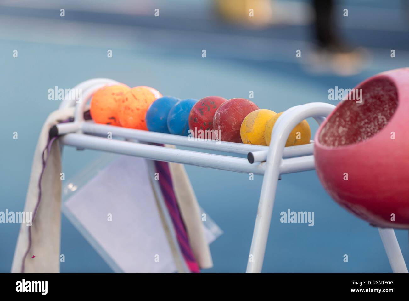 Shot put prepared for competition. Track and field background ...