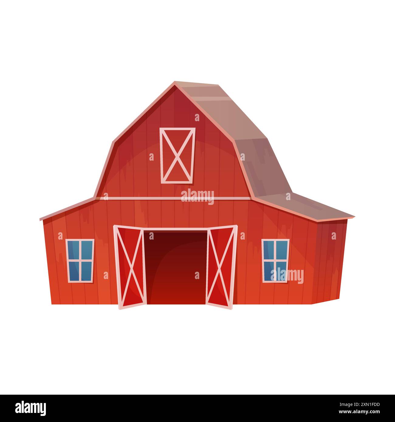 Red farm barn, front view of rustic house with windows and door on ...