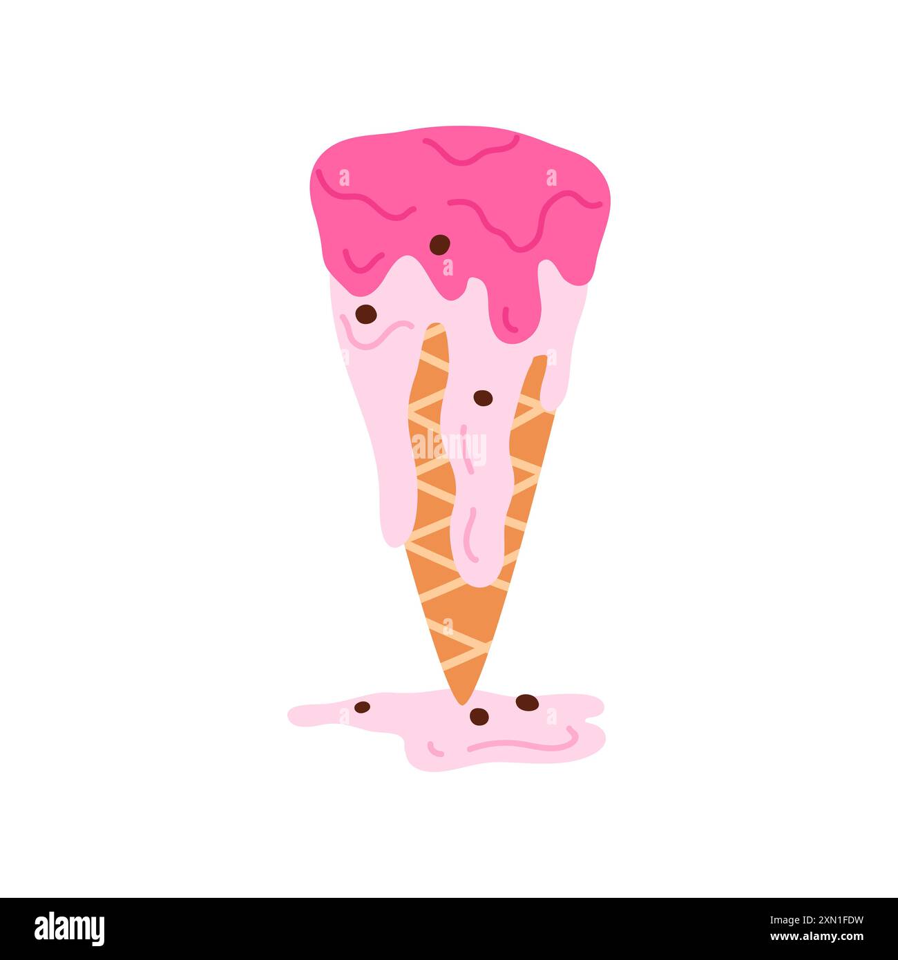 Layers of strawberry ice cream flowing over surface of waffle cone into ...