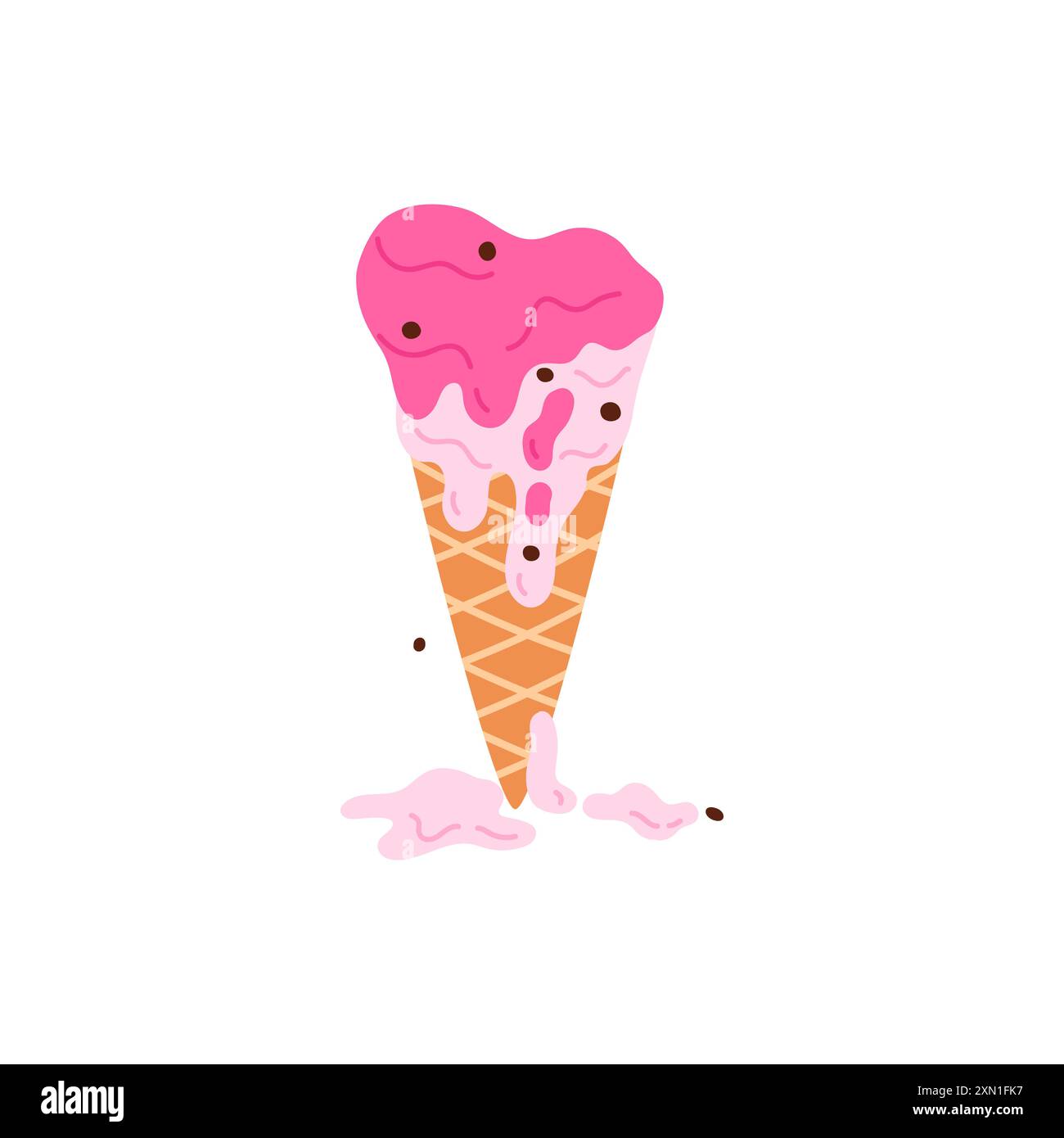 Ice cream in waffle cone melting, drops of pink sundae flow down vector ...