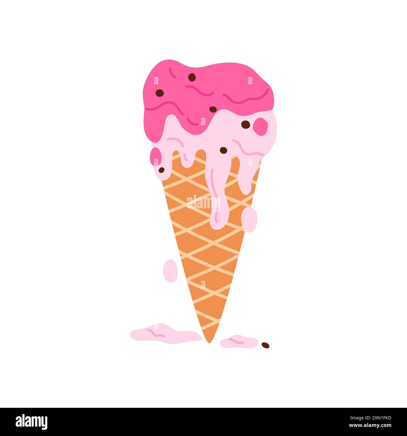 Layers Of Strawberry Ice Cream Melt And Flow Down Waffle Cone Vector