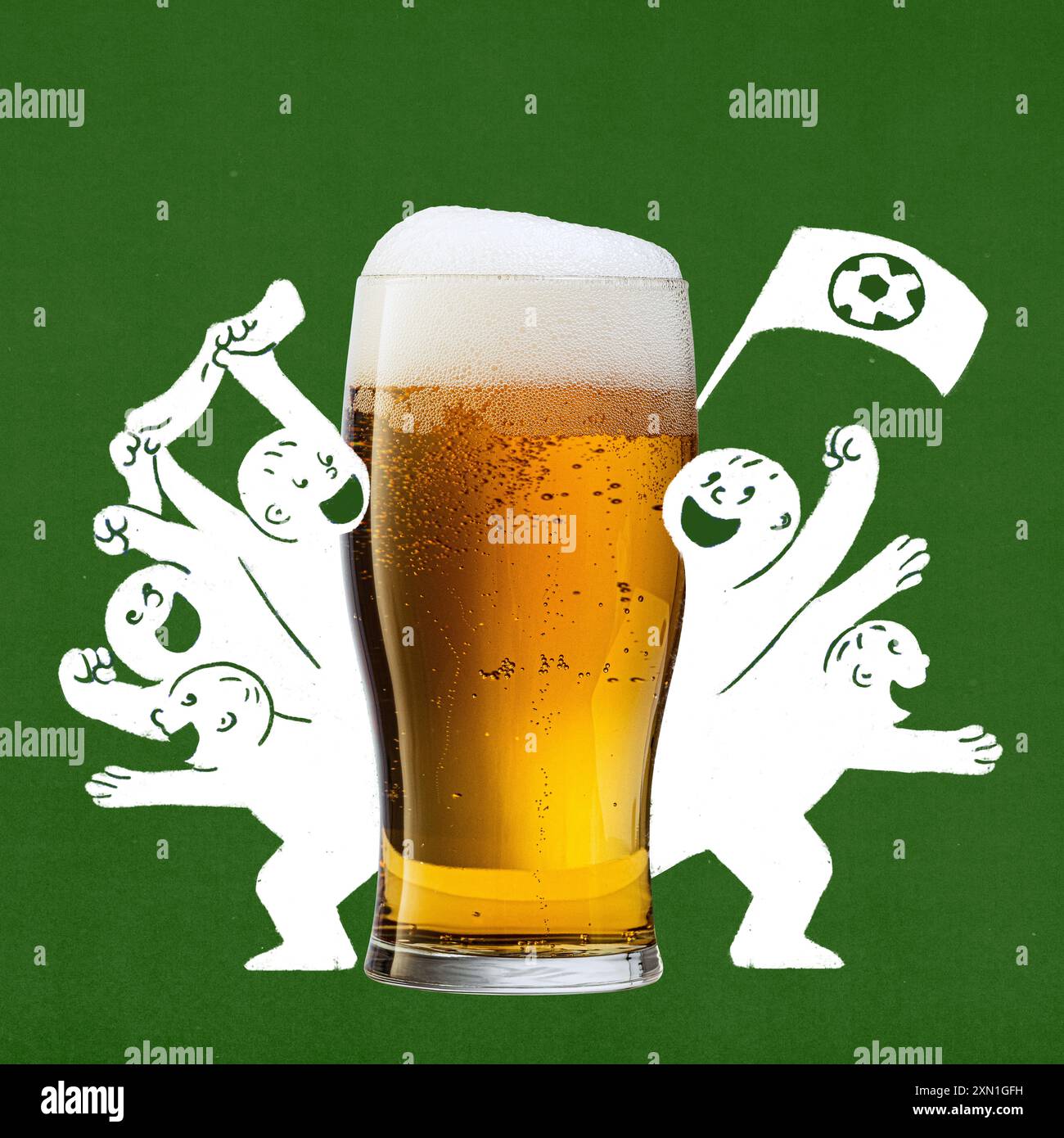 Glass of beer and group of white, cartoon-like figures celebrating ...
