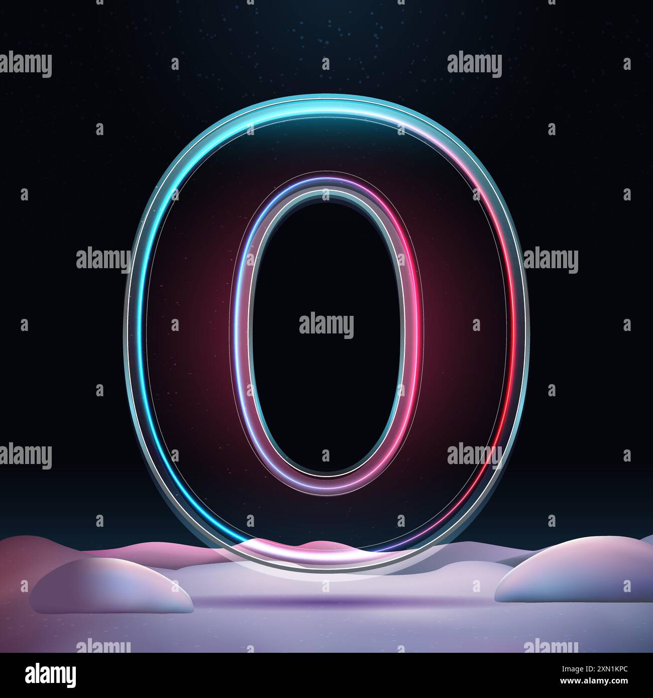 3D number zero with neon light insight. Glass symbol with sparkles and ...