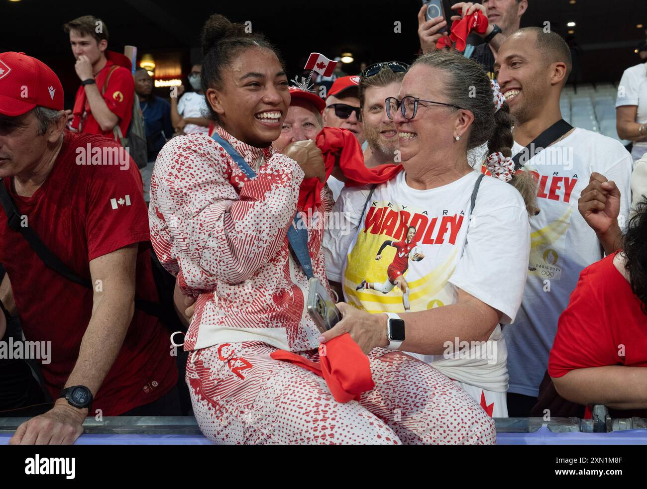 Paris, France. 29th July, 2024. Keyara Wardley gets a hug from her mom ...
