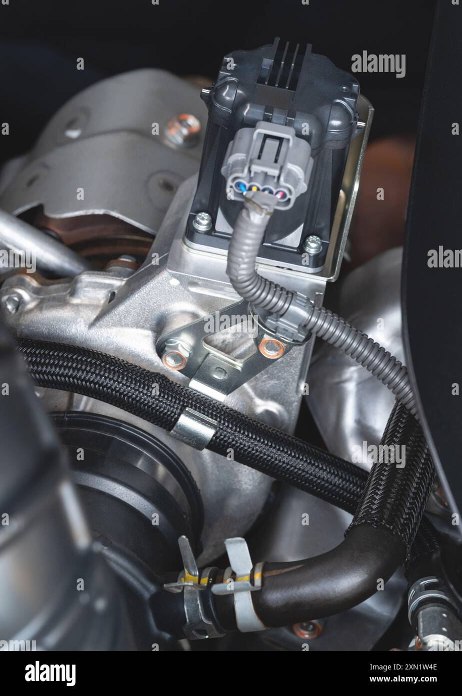 Car turbo part connection in modern engine close up view Stock Photo ...