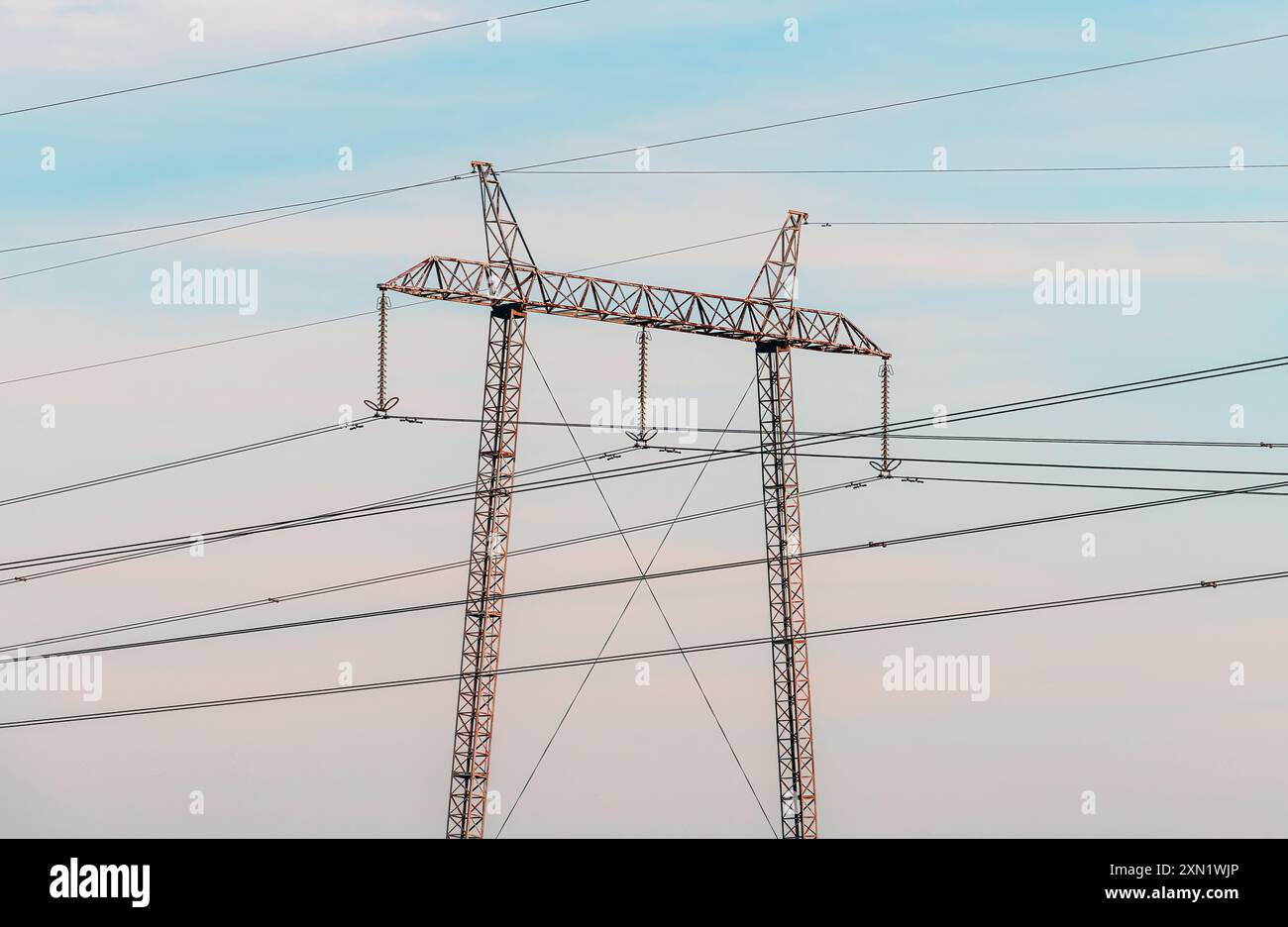 Electricity pylon transmission towers and electrical wires, selective ...