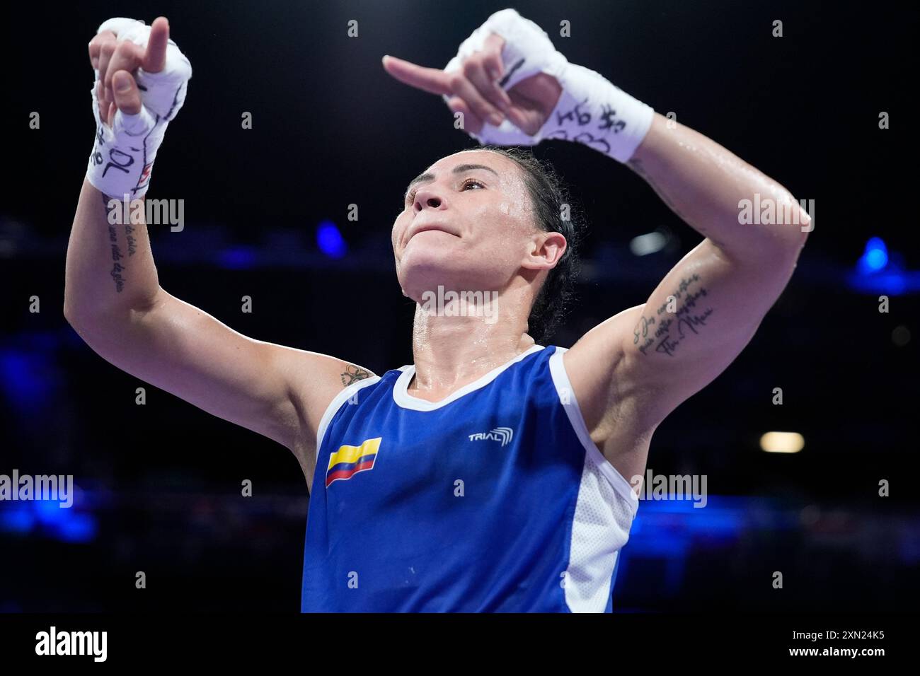 Colombia's Yeni Arias, celebrates after defeating India's Preeti, in ...