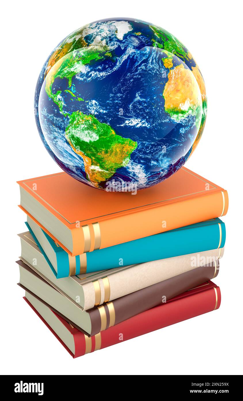 International Education, concept. Stack of books with Earth Globe, 3D ...