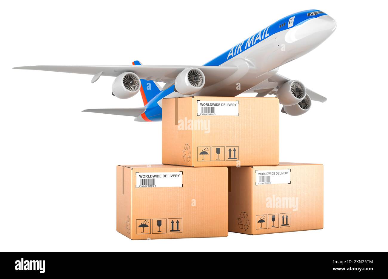 Parcels with mail aeroplane. Air freight concept, 3D rendering isolated ...