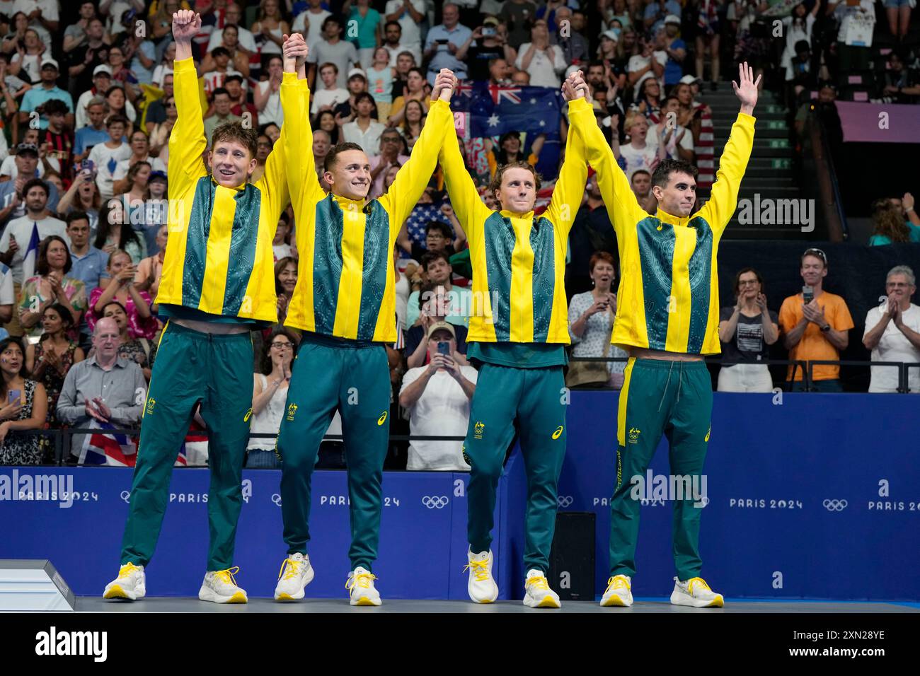 Australia's men's 4x200-meter freestyle relay team stand on the podium to receive their bronze ...