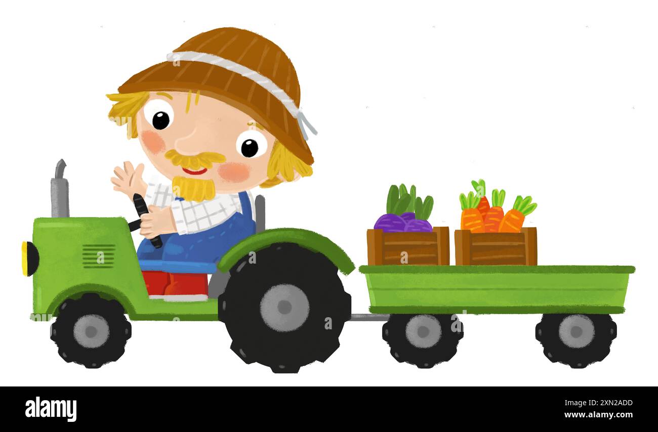 cartoon scene with farmer man working on tractor doing some activity ...