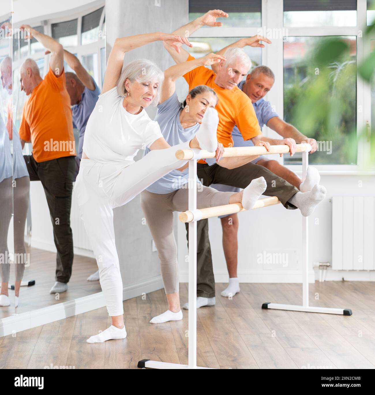 Ballet pose grand batman - elderly women and men at choreography lesson ...