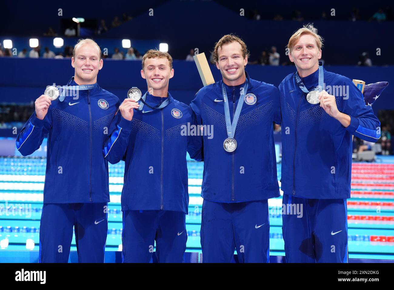 (L-R) USA's Luke Hobson, Carson Foster, Drew Kibler and Kieran Smith ...