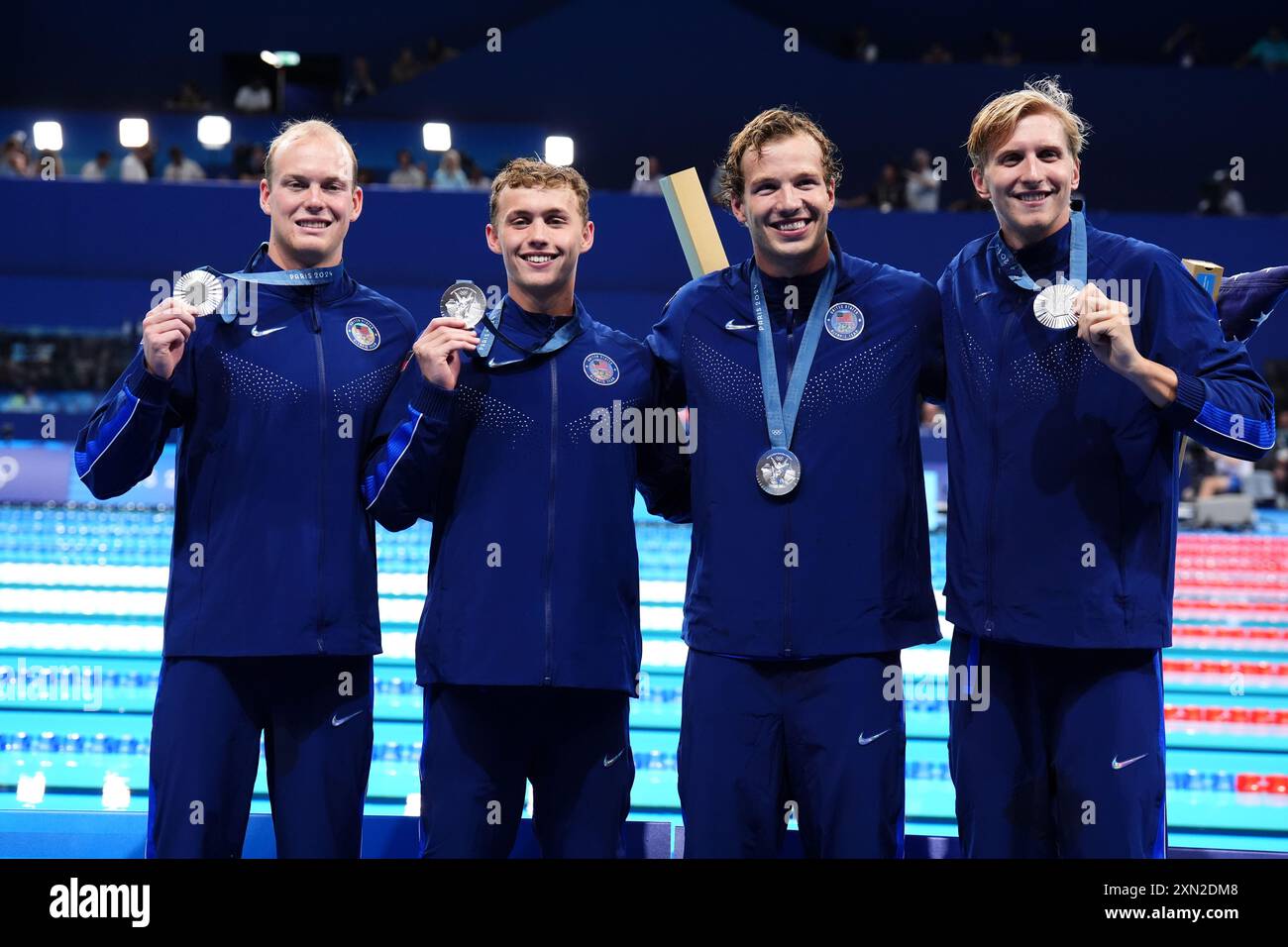 (L-R) USA's Luke Hobson, Carson Foster, Drew Kibler and Kieran Smith ...