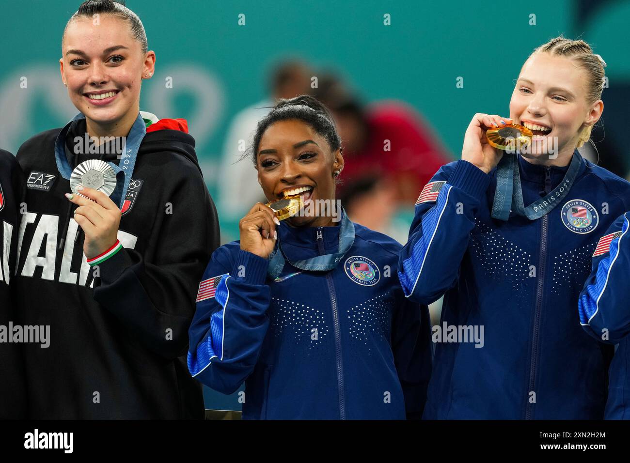 Simone Biles of United States poses with the gold medal during Women's ...