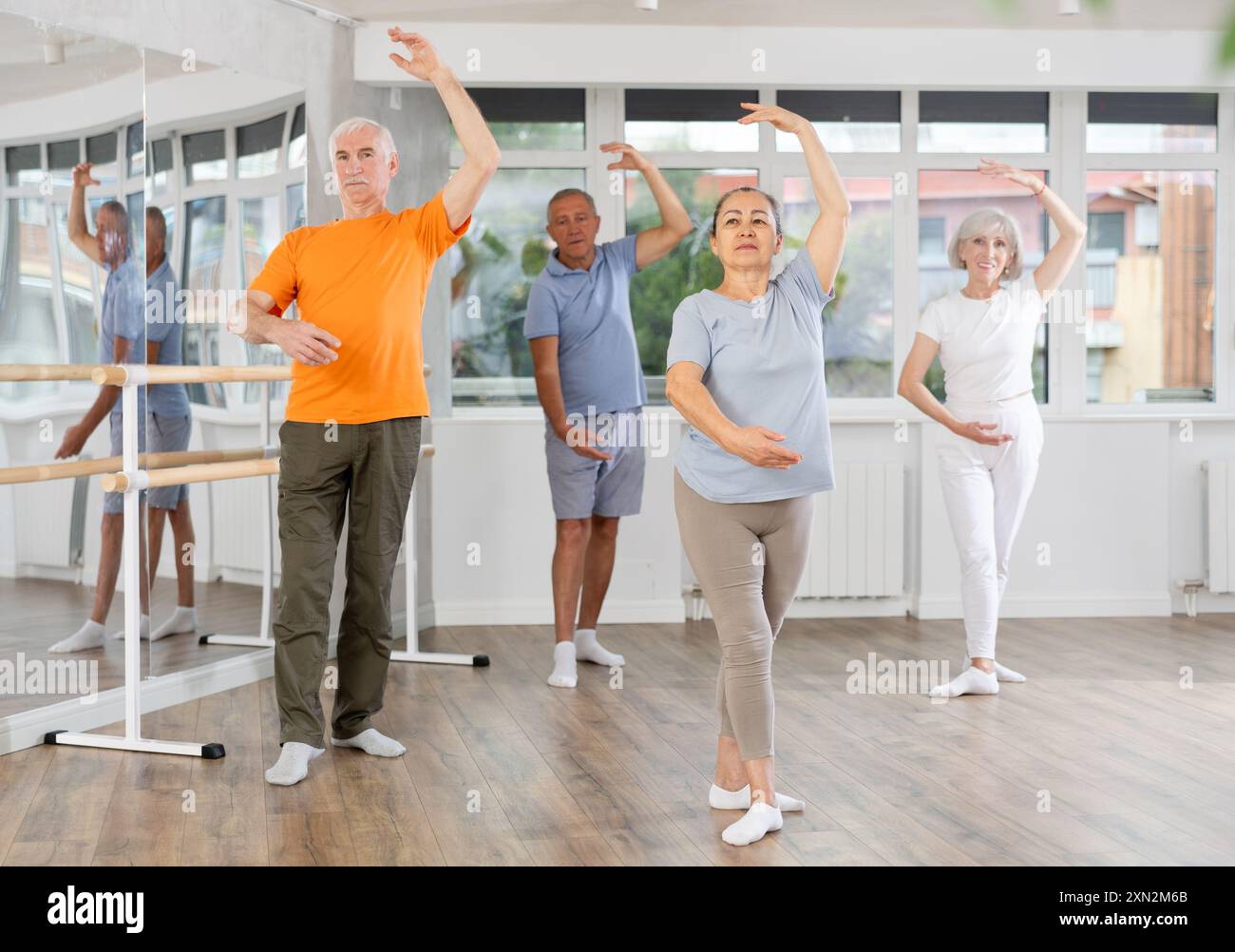 Group of elderly people of different ages are learning various dance ...