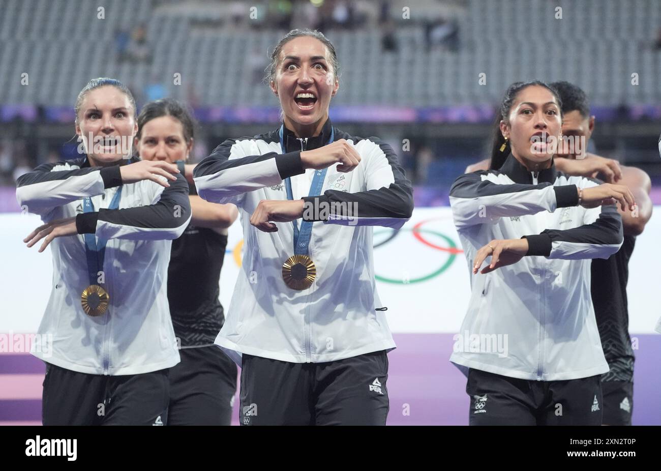 Paris, France. 30th July, 2024. Sarah Hirini (C) and Michaela Blyde (L) of team New Zealand ...