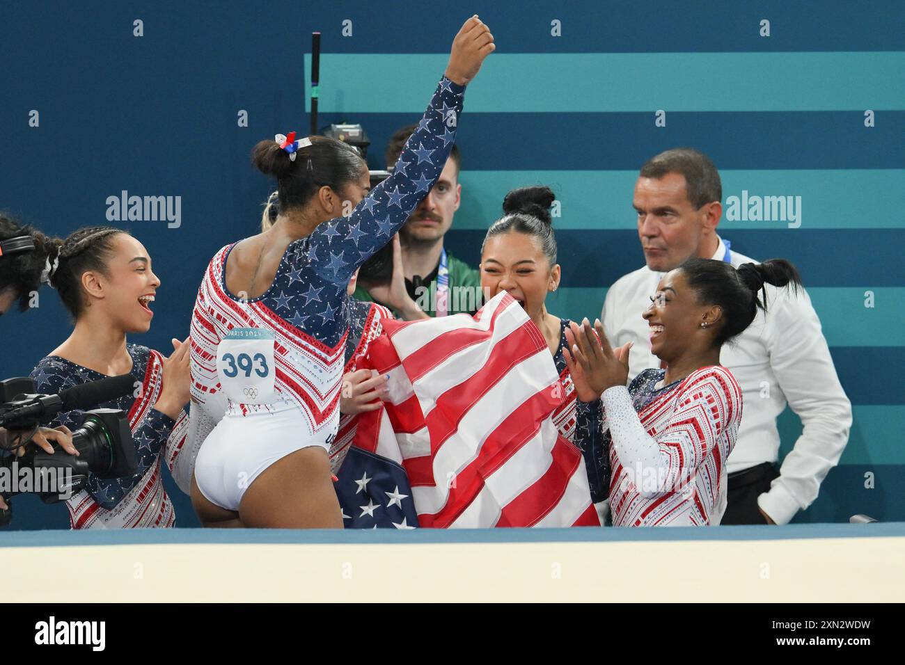 Paris, France. 30th July, 2024. Gold medalists of Team United States ...