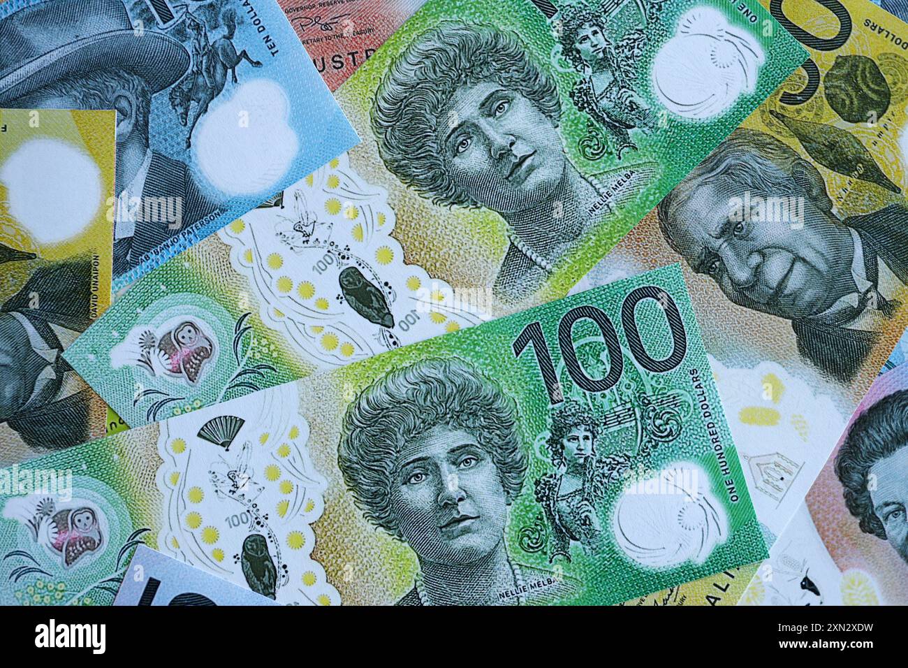 KYIV, UKRAINE - JULY 10, 2024 Australian Dollar bills on table close up ...