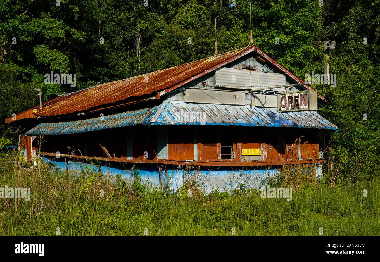 An old, abandoned building with a rusted roof, standing in an overgrown ...