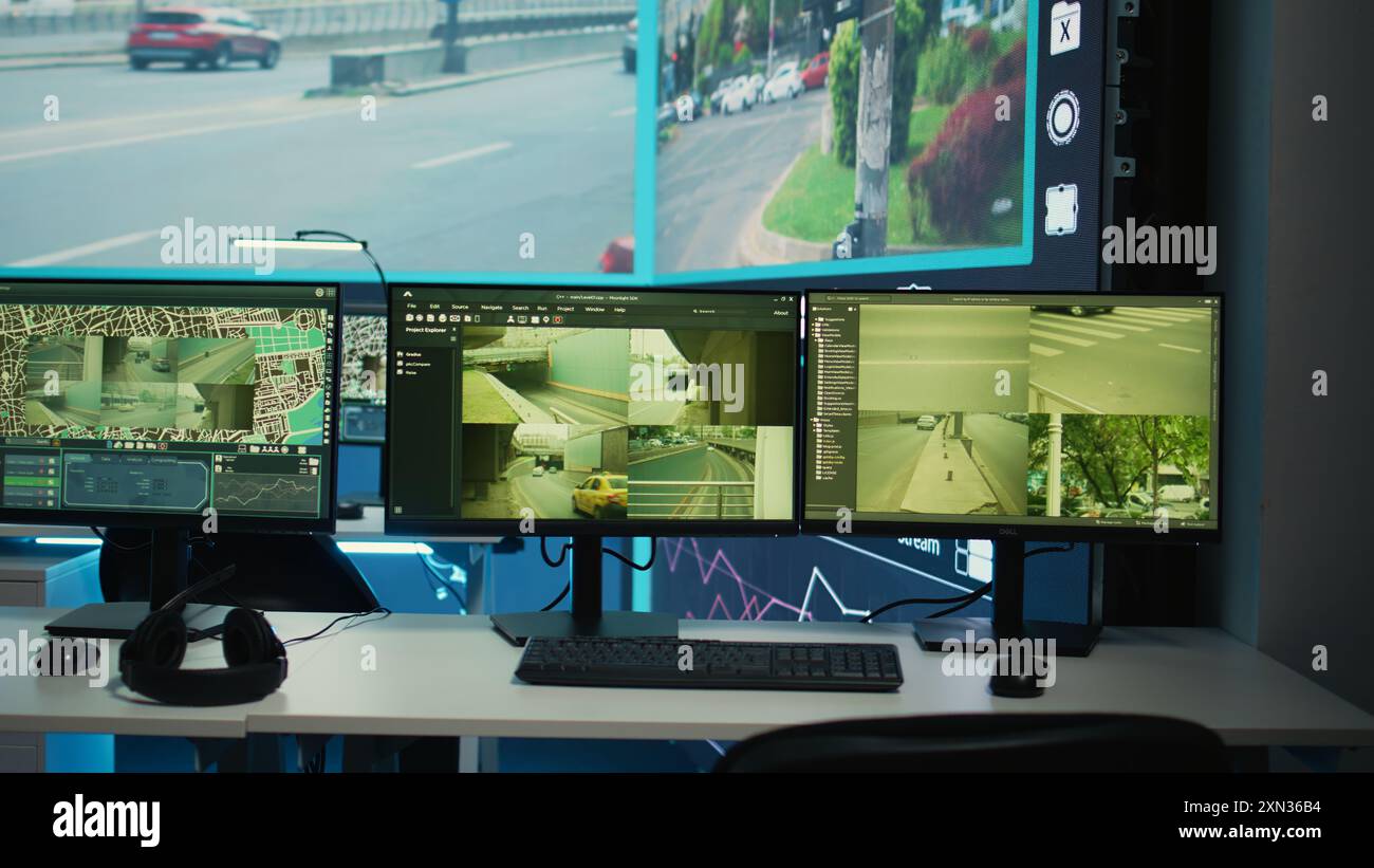 Public security headquarters equipped with satellite CCTV system, monitoring traffic via live ...