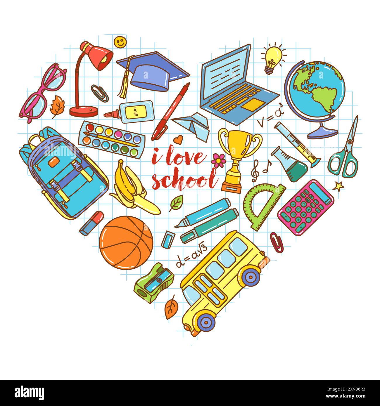 I Love School heart-shaped illustration filled with colorful school ...