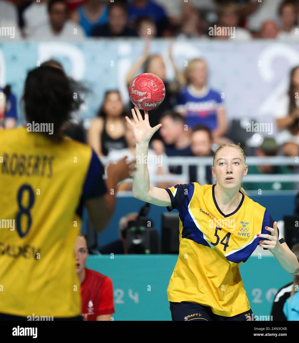 Paris, France. 30th July, 2024. Tyra Axner of team Sweden passes the ...