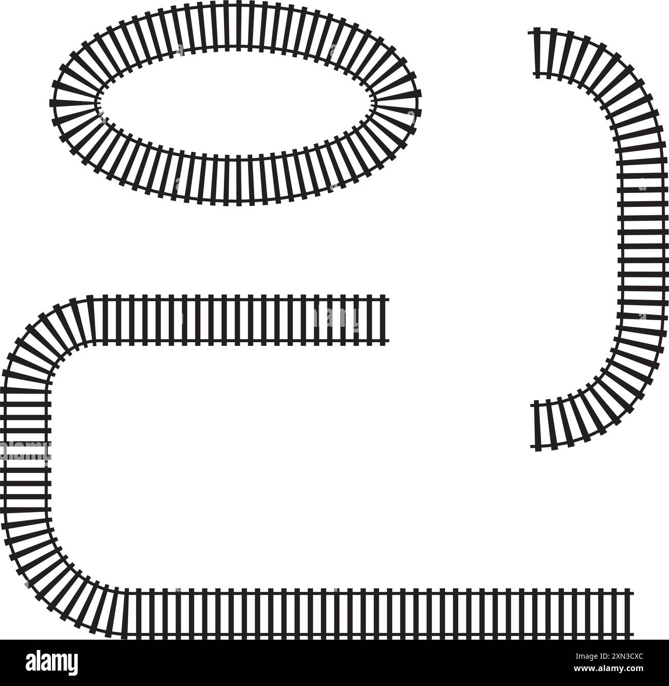 Set of railroad parts. Railway elements top view. Train track curved lines and oval frame ...
