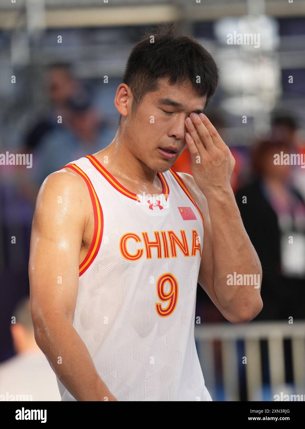Paris, France. 30th July, 2024. Lu Wenbo of China reacts during the men's pool round of 3x3 ...