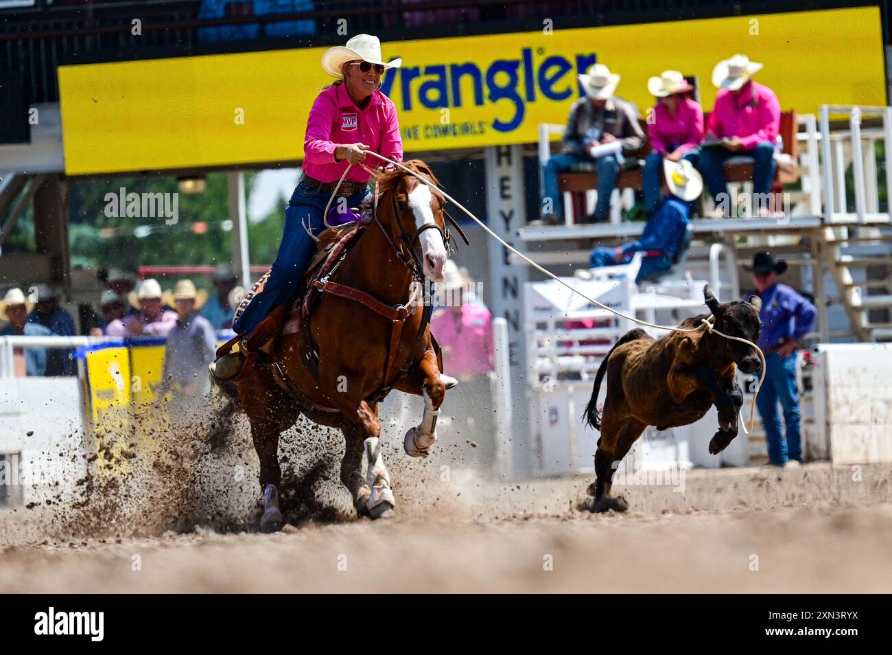 A cowgirl ropes a calf during the break-away roping event at Cheyenne ...