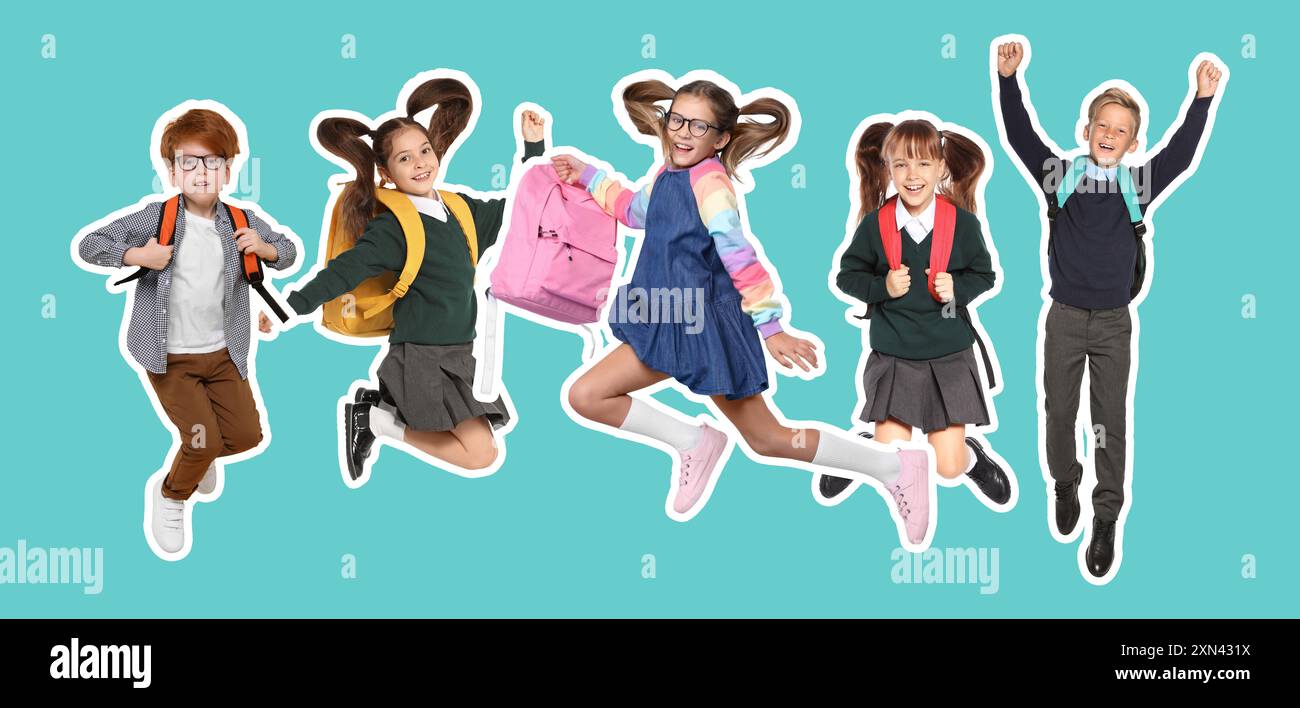 Cheerful school children jumping together on turquoise background Stock ...