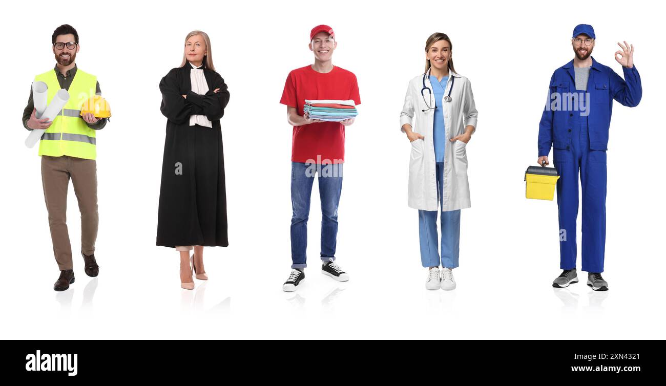 People of different professions. Collage with portraits on white ...