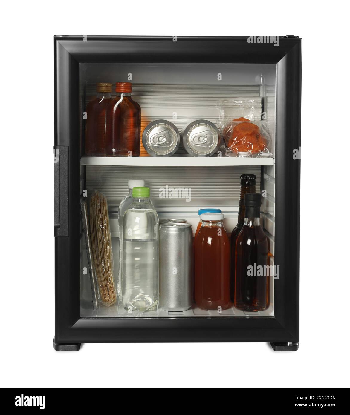 Mini refrigerator with drinks and snacks isolated on white Stock Photo ...