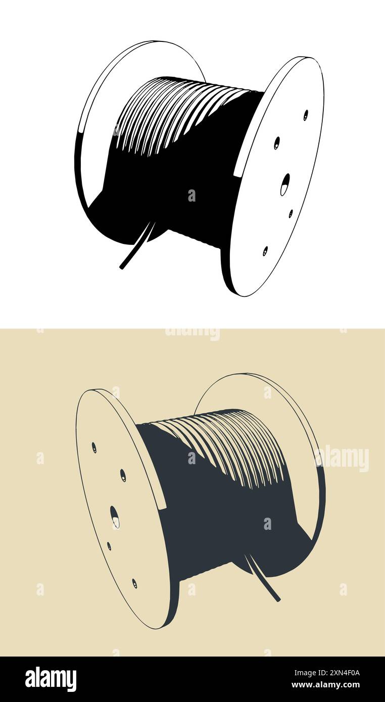 Stylized vector illustrations of industrial high voltage cable reel ...