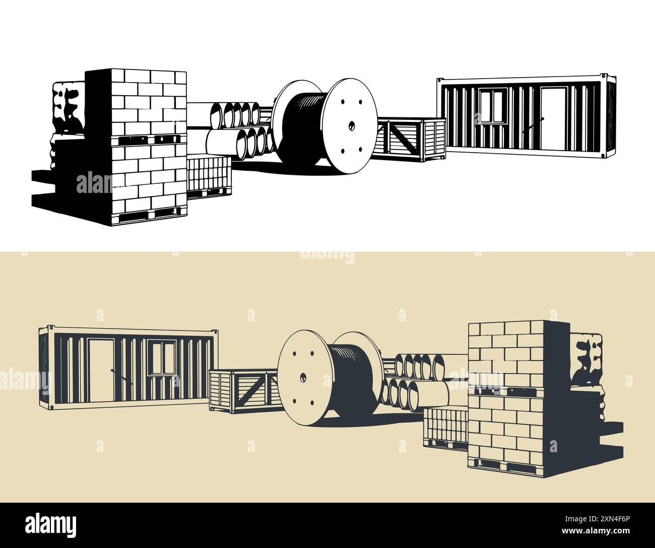 Construction site with building materials and a house for builders ...