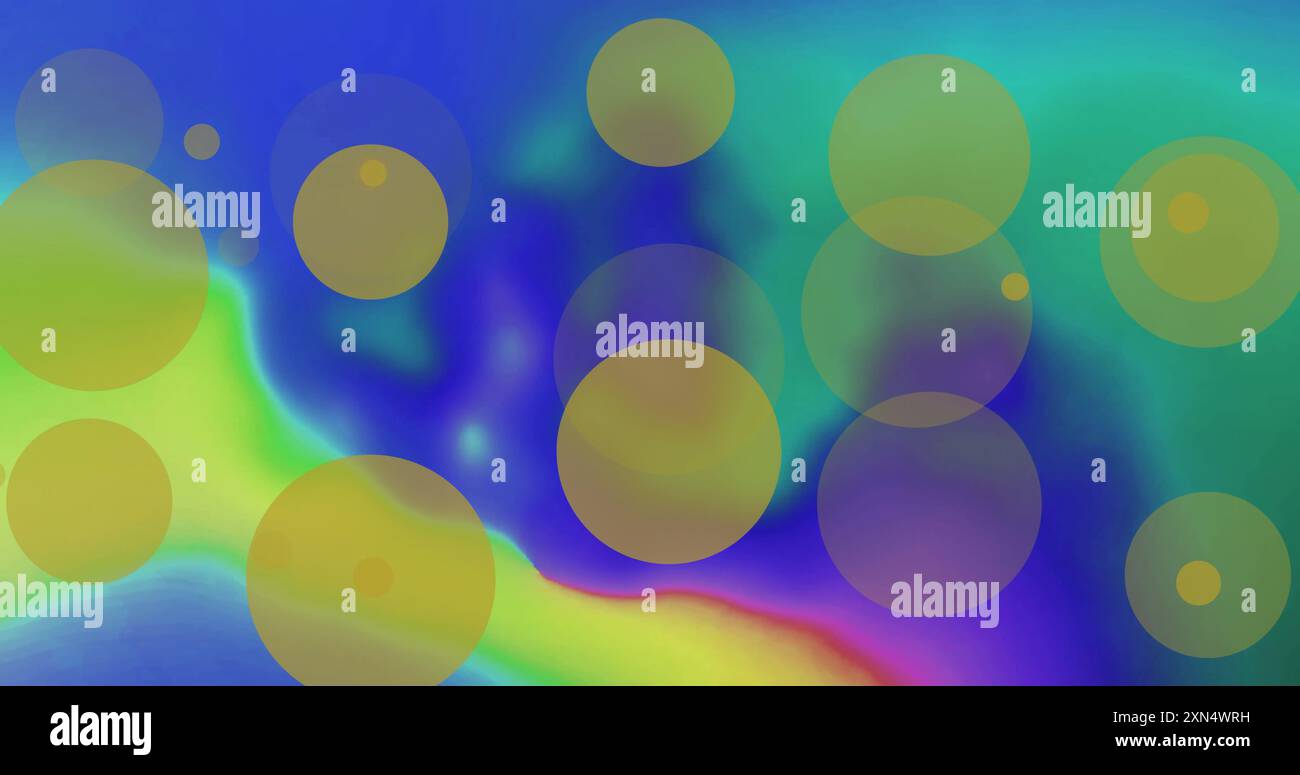 Image of yellow light spots over colourful shapes on blue background ...