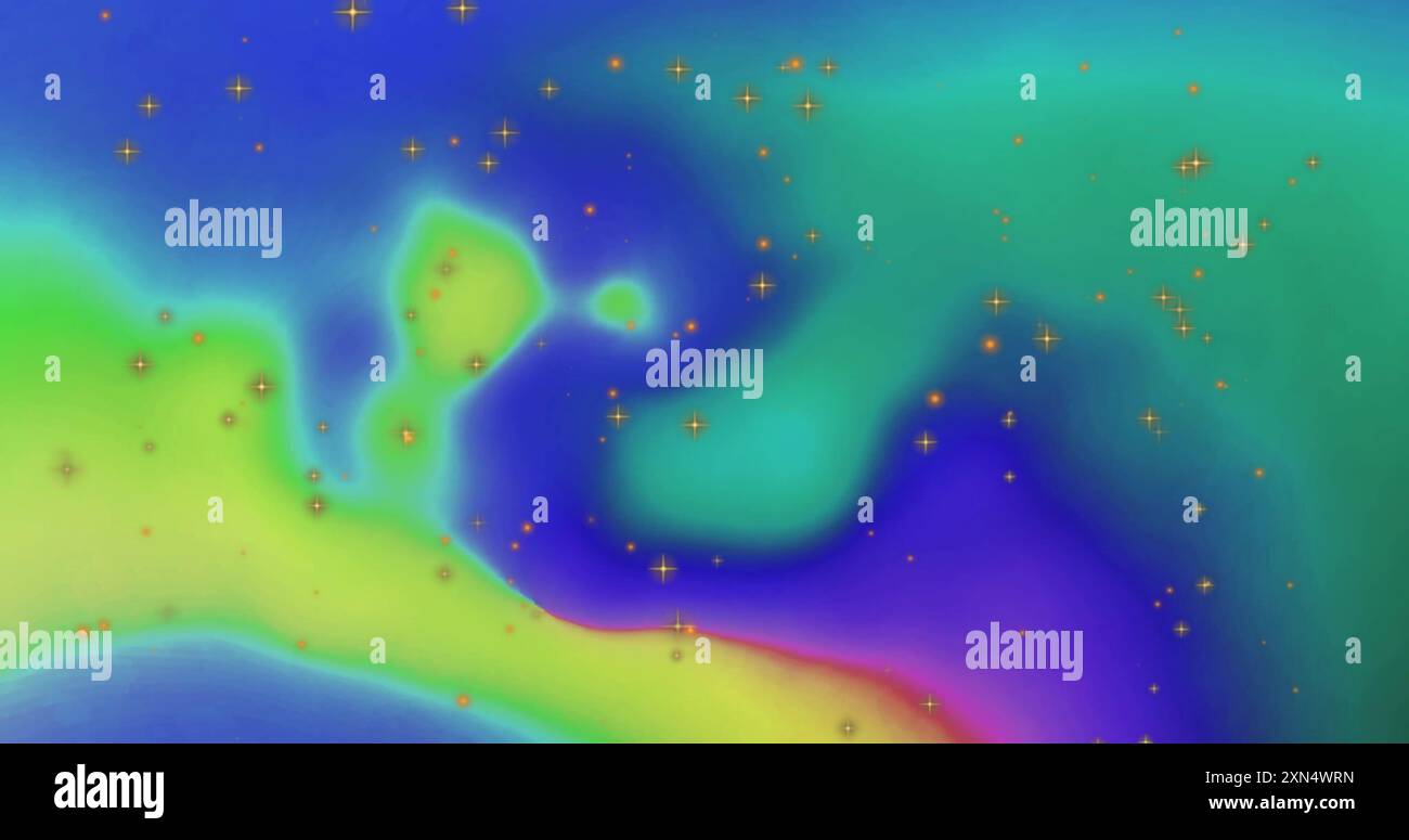 Image of yellow light spots over colourful shapes on blue background ...