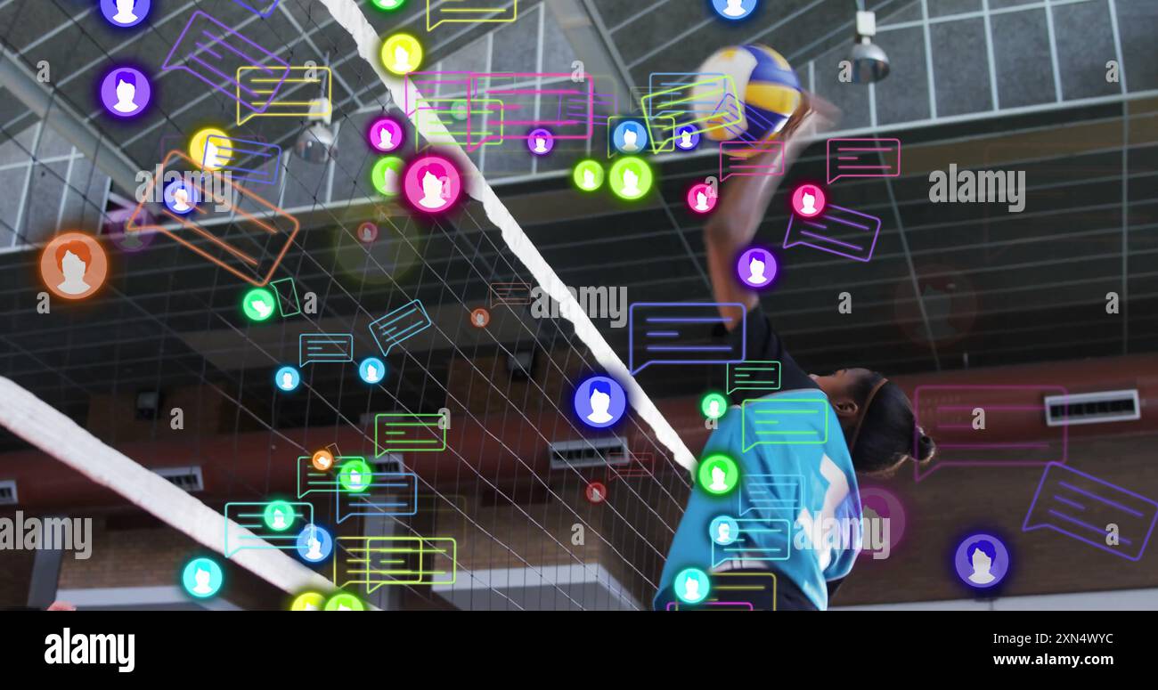 Image of social media icons with speech bubbles over diverse female ...