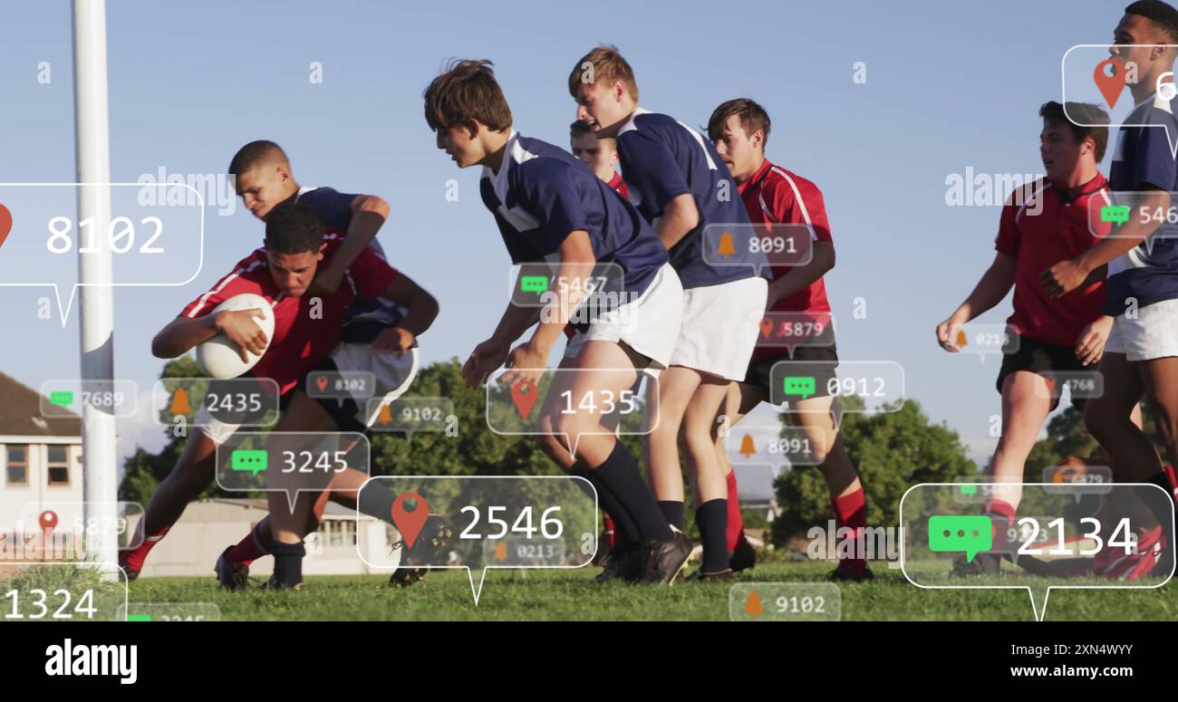 Image of social media icons with growing numbers over diverse male ...